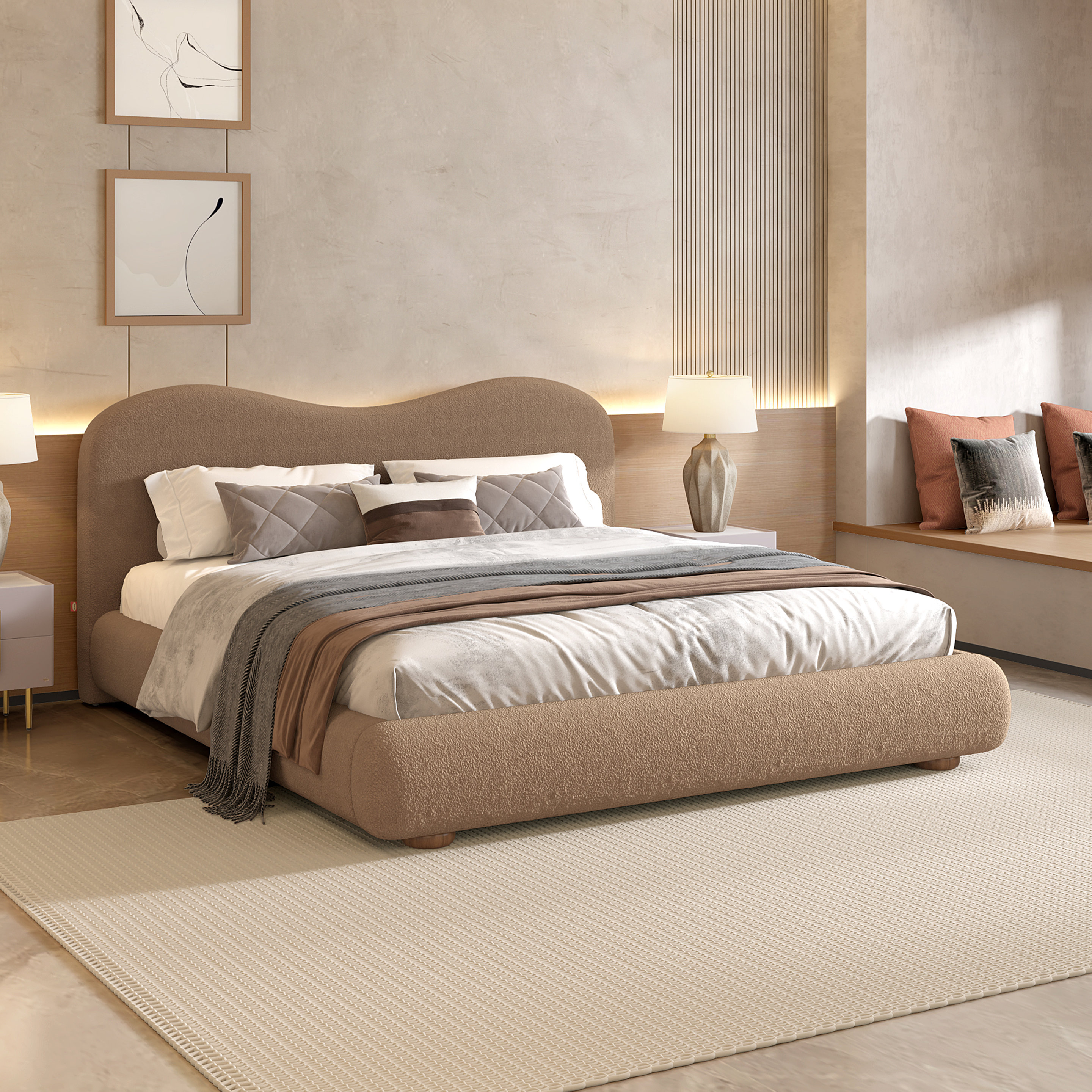 Buy Ripple Almond Beige Fabric Solid Wood queen Size Bed Online Durian