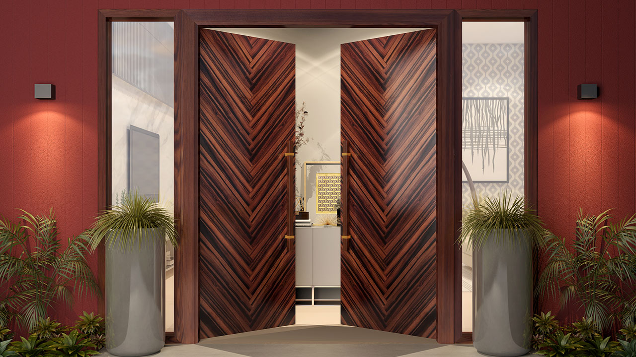 Header Modern Door Designs Walnut/Oak Wood Veneer 3 Panel Wood Door